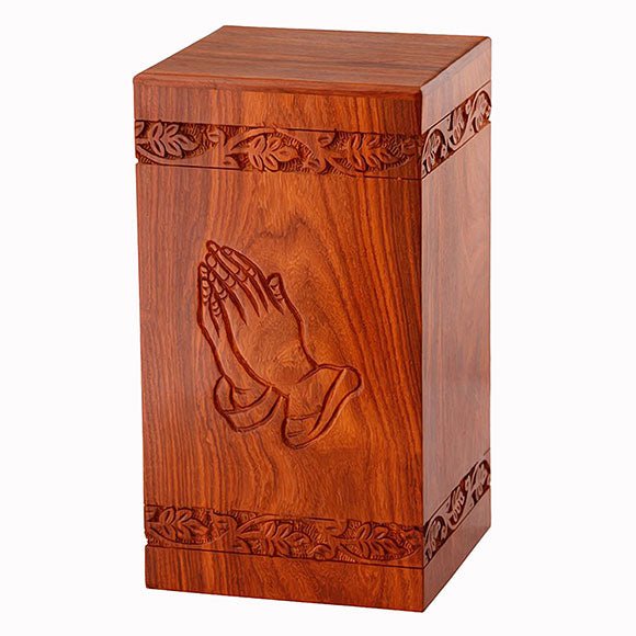 Solid Rosewood Cremation Urn with Hand Carved Praying Hand – Divinity Urns